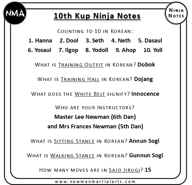 10th Kup Ninja Notes – Newman Martial Arts
